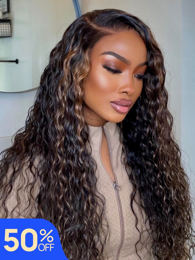 Nadula Flash Sale 7x5 Golden Brown Highlight Wig Water Wave Bye Bye Knots Lace Closure Wig 150% ...