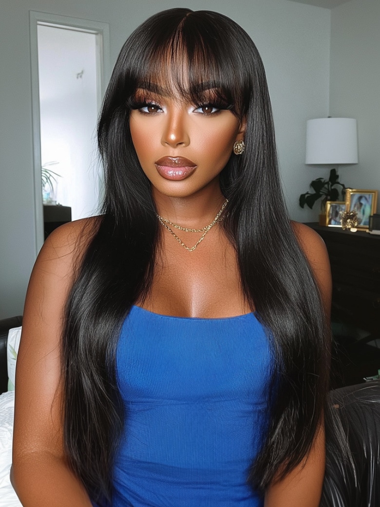 Nadula Yaki Straight Layered Wig with Bangs Glueless Human Hair Wig Put ...