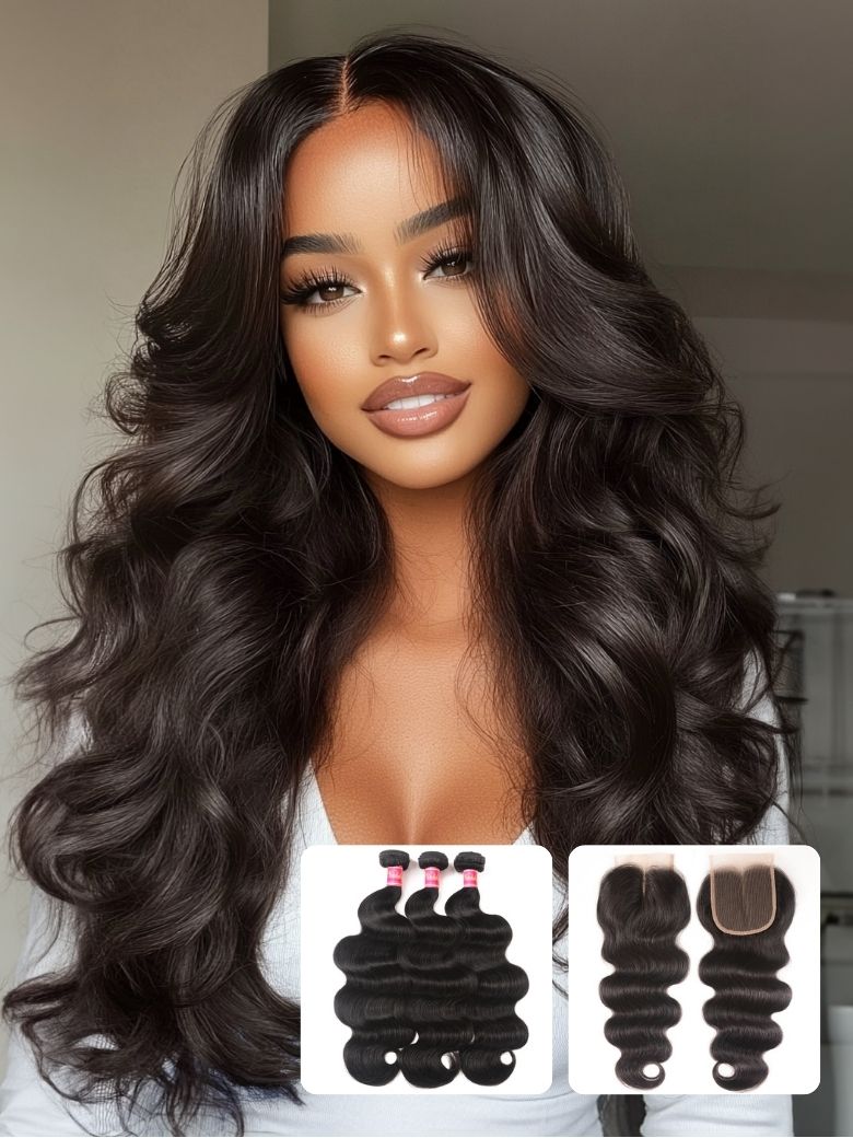 Human Hair Bundles With Transparent Closures And Hair Toppers